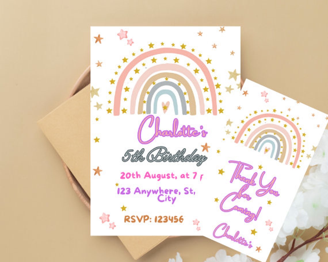 Editable Pastel Rainbow Birthday Invitation Template, Colorful Rainbow ...