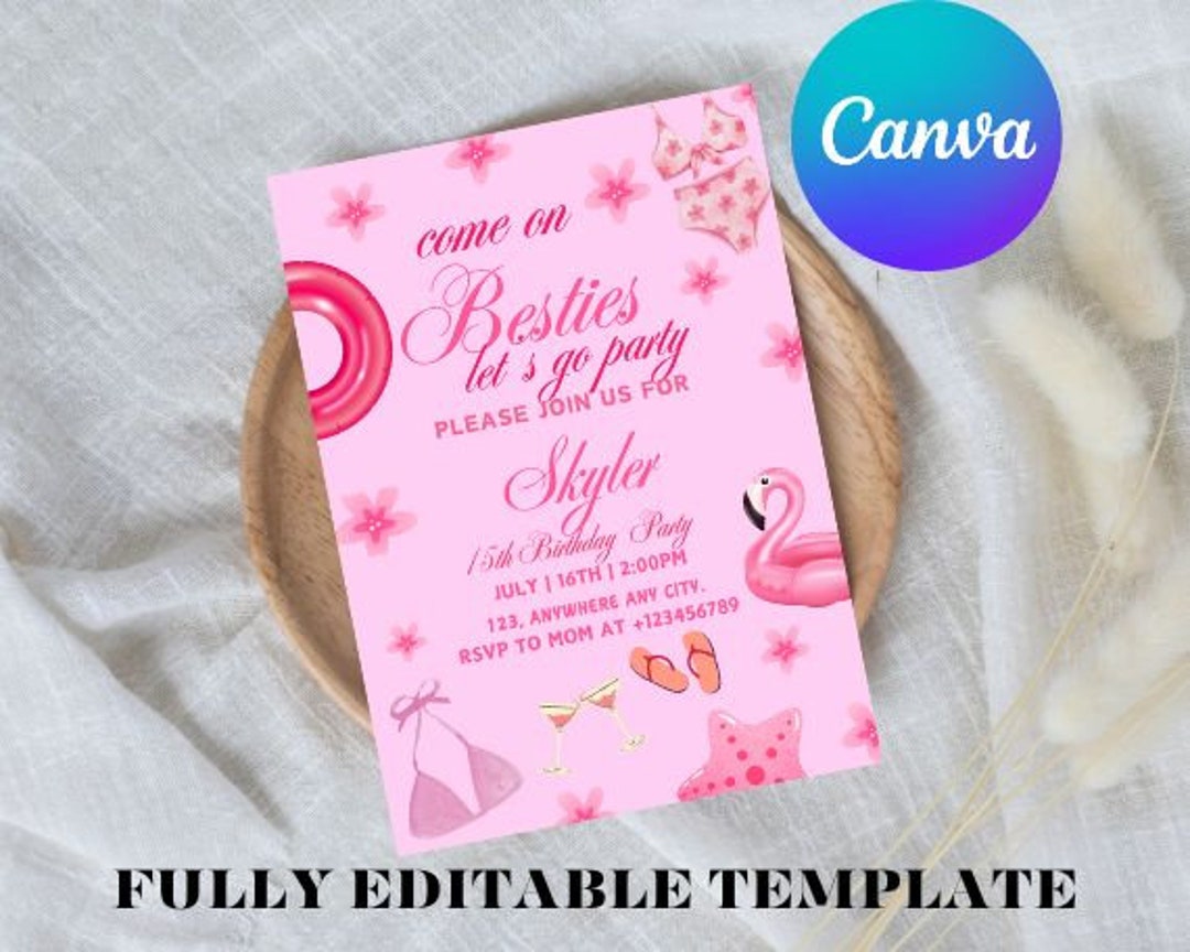 Pink Pool Party Invitation: Besties Birthday, Editable Canva Template ...