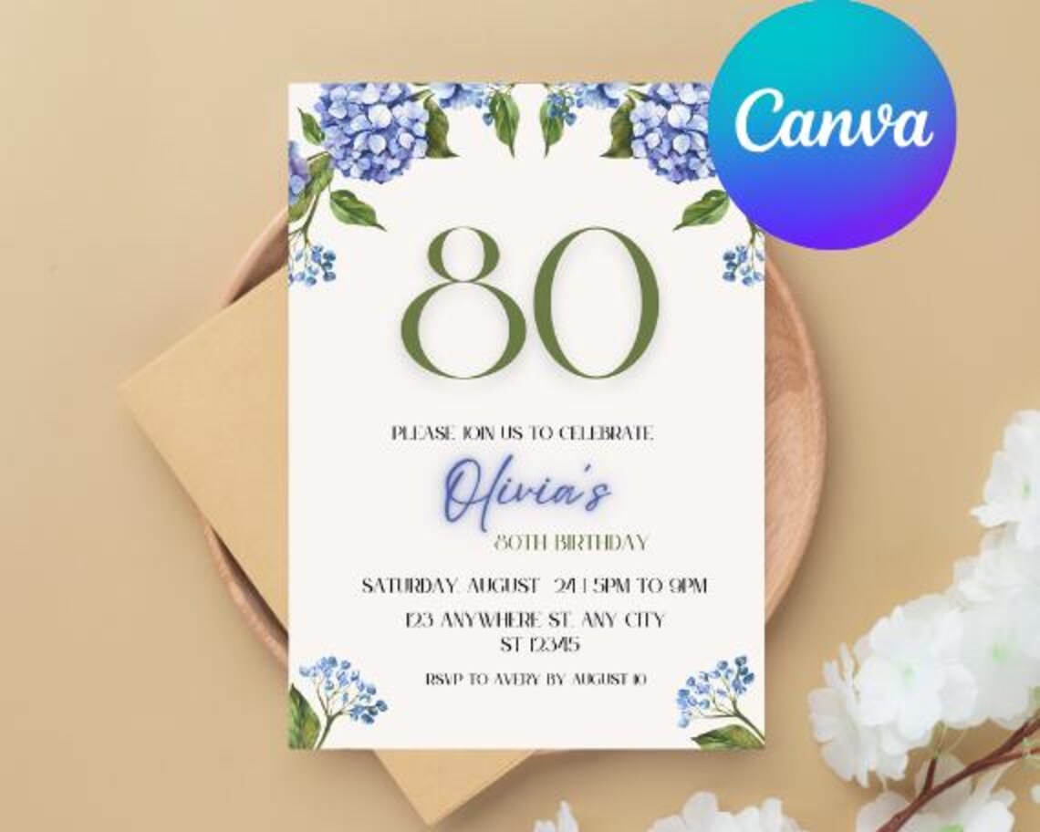 Editable 80th Birthday Invitation Template, 80th Party Invite, Digital ...