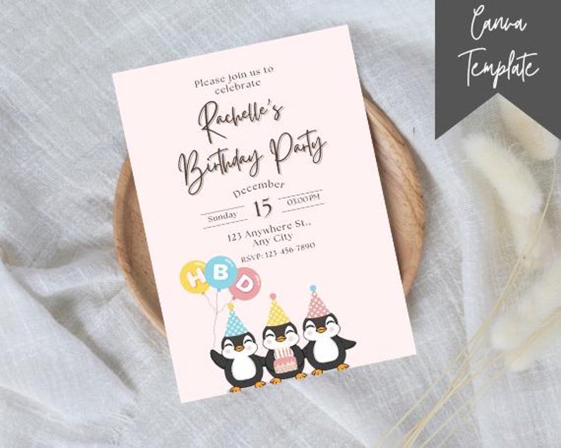 Editable Penguin Birthday Invitation, Winter Party Arctic Animals Cute ...