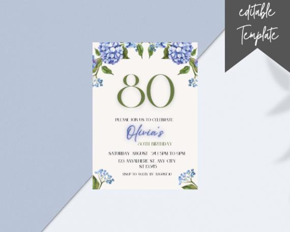 Editable 80th Birthday Invitation Template, 80th Party Invite, Digital ...