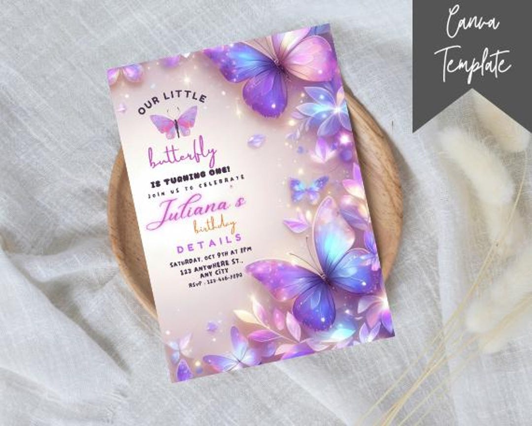 Purple Butterfly Birthday Invitation Template (editable Canva Template ...