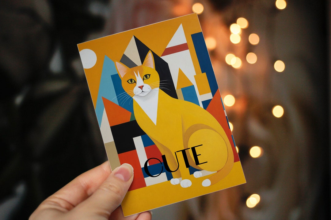 Cubic Cat Themed Greeting Card, Printable Unique Art for Cat Lover ...