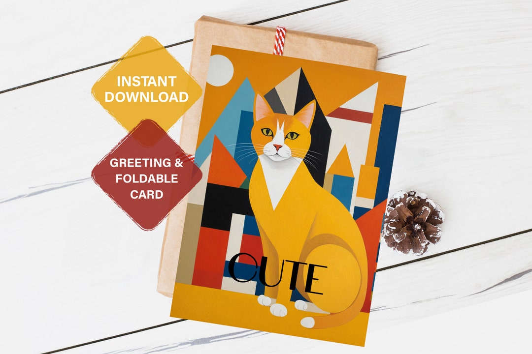 Cubic Cat Themed Greeting Card, Printable Unique Art for Cat Lover ...