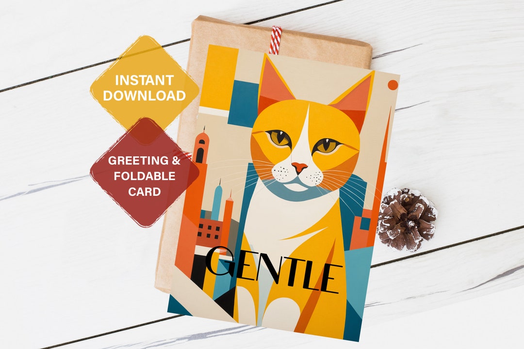 Cubic Cat Themed Greeting Card, Geometric Cat Art Print, Printable ...