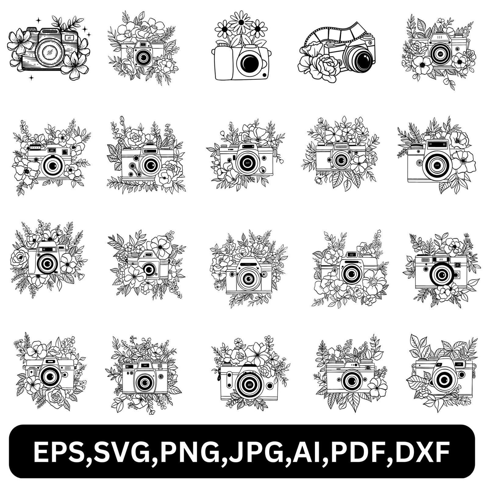 Floral Camera Svg Bundle, Camera Png, Camera Clipart Svg, Camera Svg ...