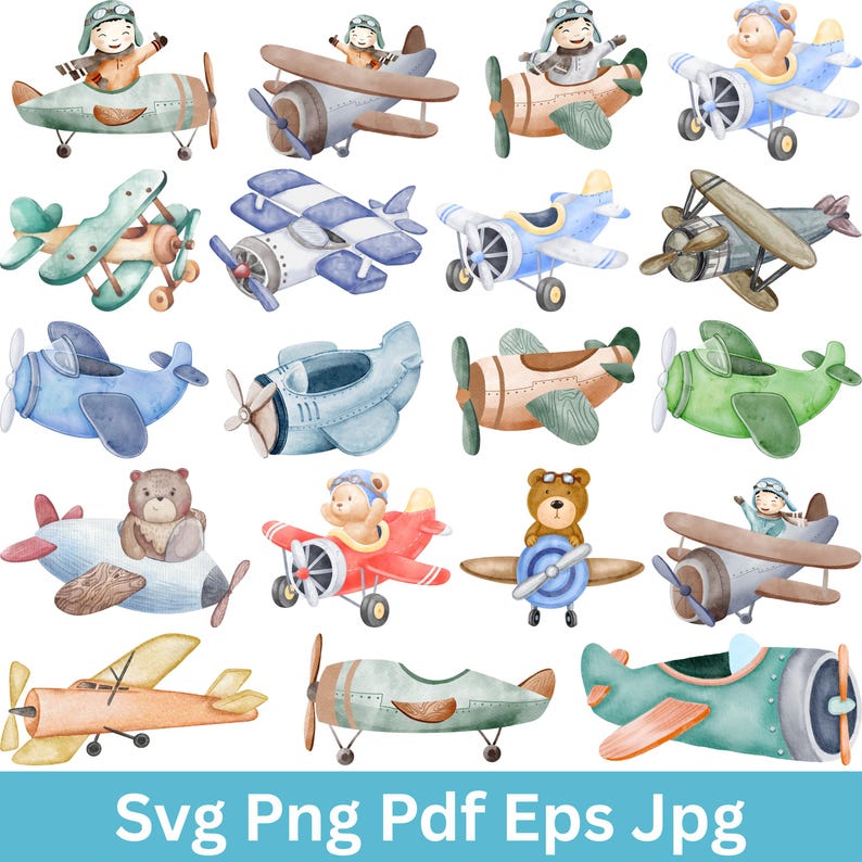 Watercolor Airplanes Clipart Bundle, Cute Aviator Bear Clipart, Boy ...