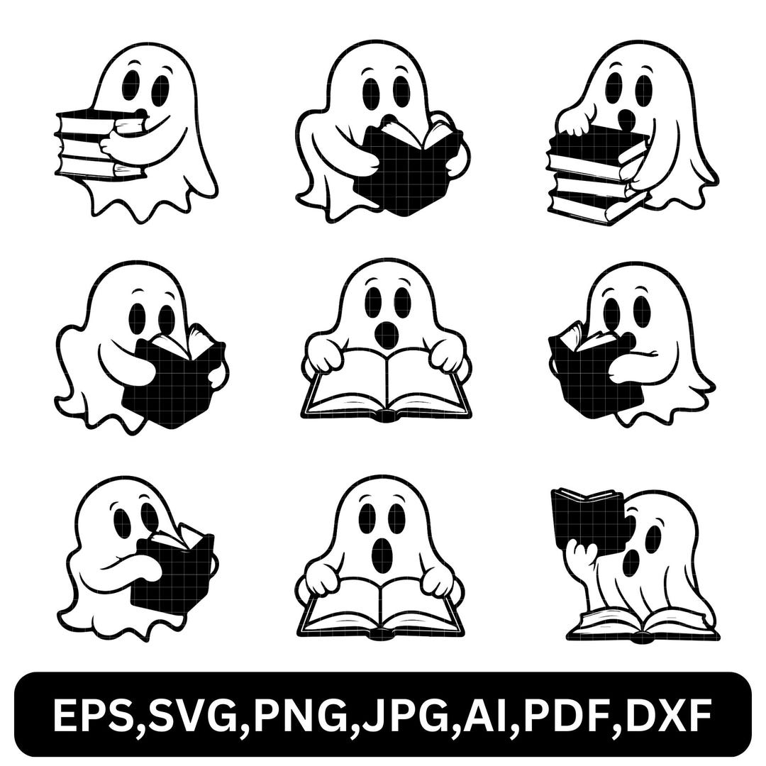 Ghost Reading Book Svg, Ghost Reading Book Outline, Bookish Ghost Svg ...