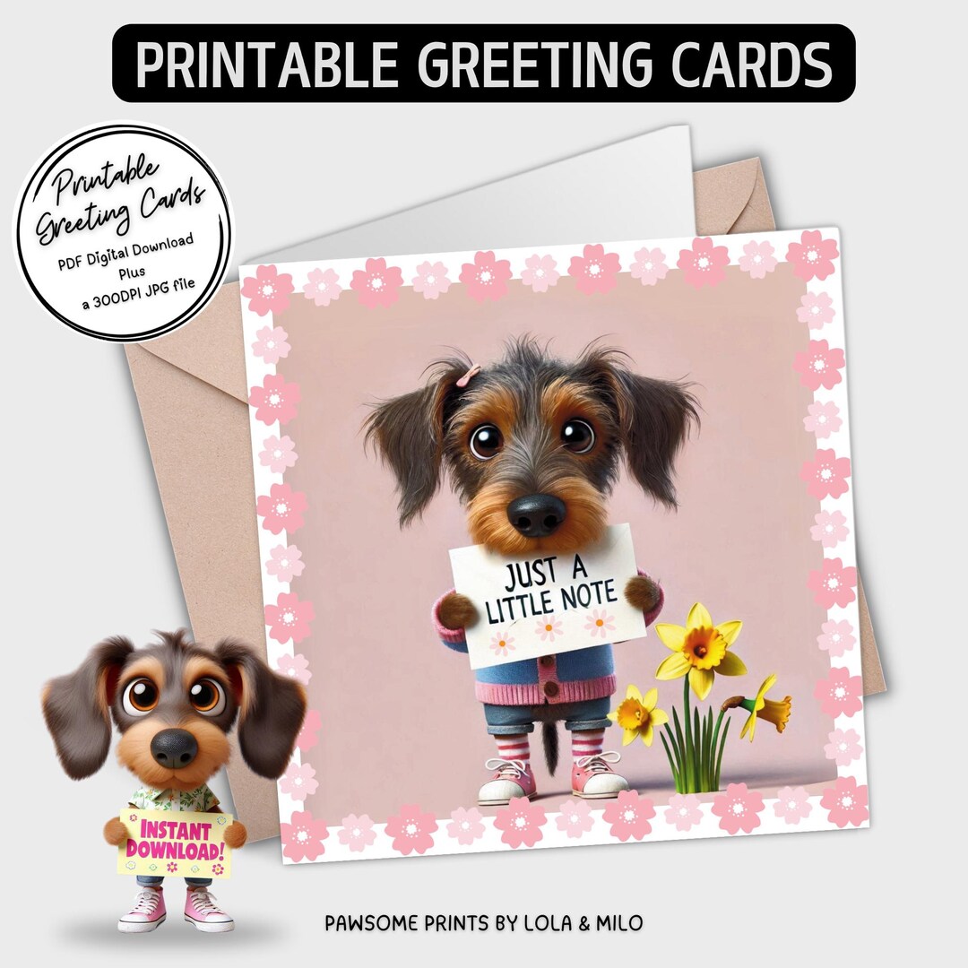 Printable Card just a Little Note Adorable Dachshunds Digital Download ...