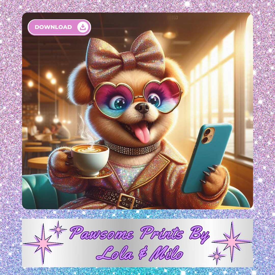 Sparkly Paws and Coffee Digital Wall Art Where Adorable Dogs in Sparkly ...