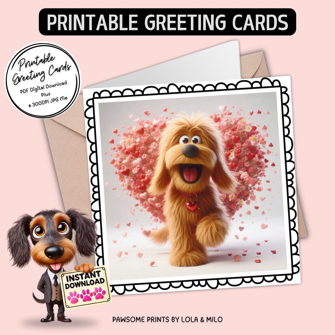 Shaggy Dog Valentine's Day Card: Printable Greeting Card (digital ...