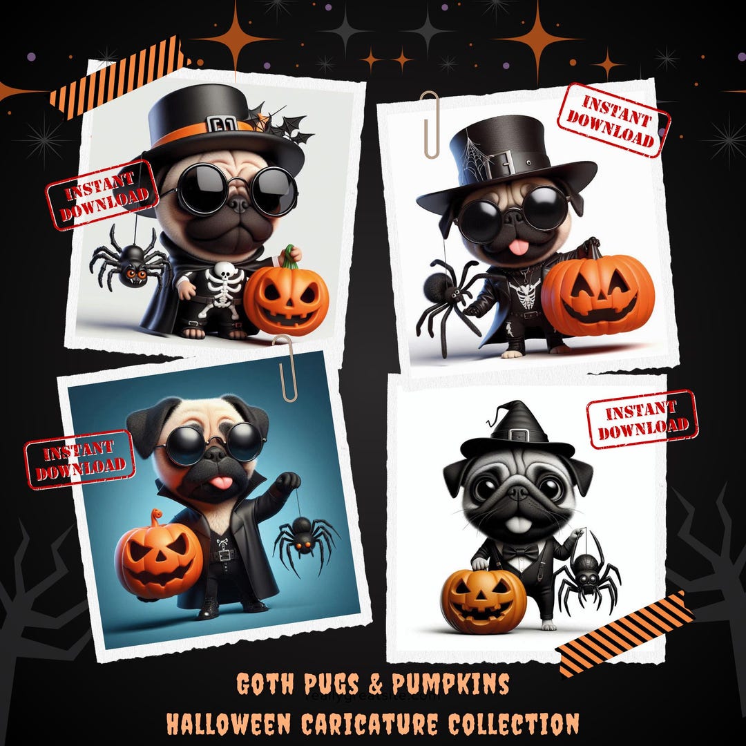 Goth Pugs & Pumpkins: Spooky Caricature Collection | Digital Art | JPG ...