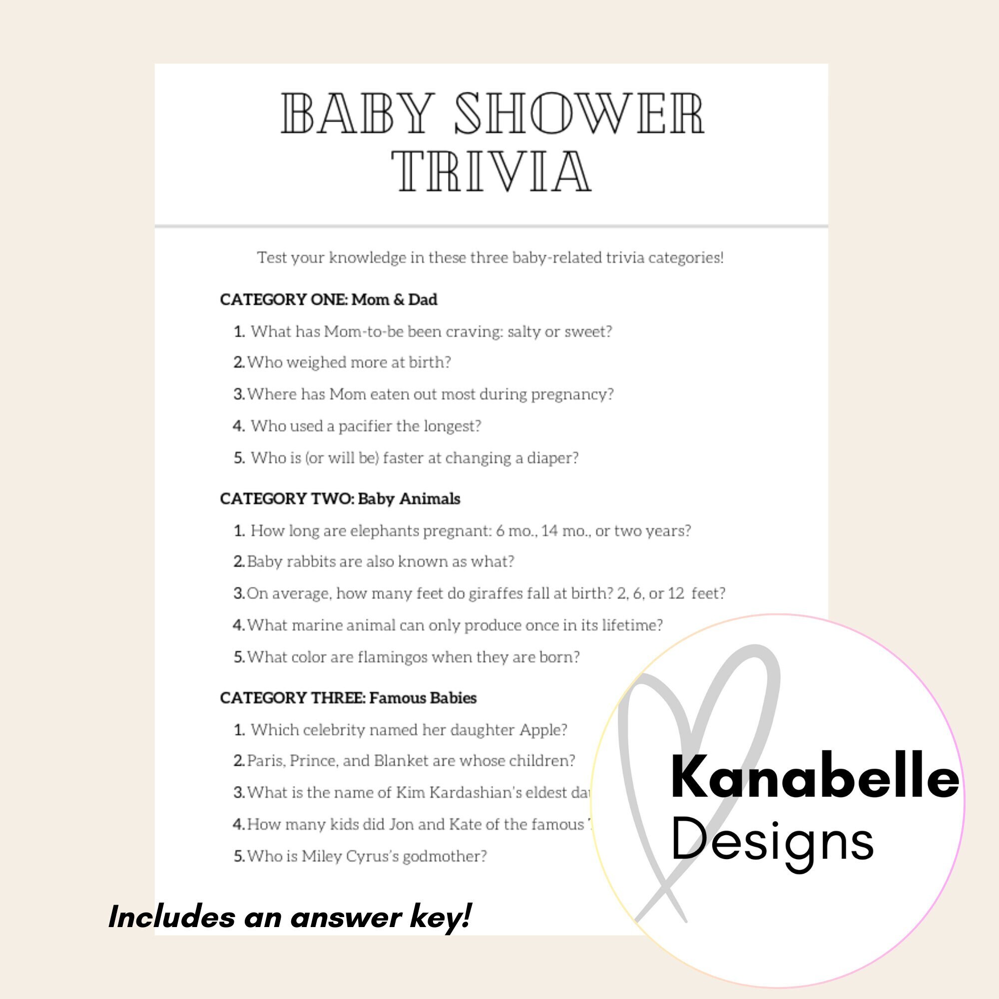 Printable Baby Shower Trivia: Parents, Baby Animals & Famous Babies - Etsy