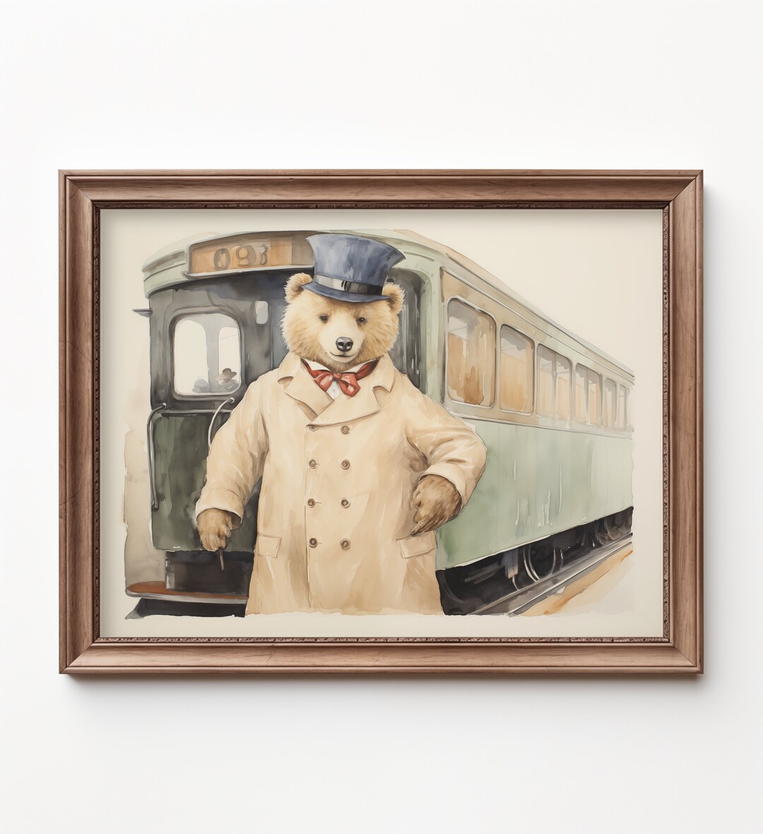 Vintage Conductor Bear Watercolor Print: Train Nursery Art (digital ...