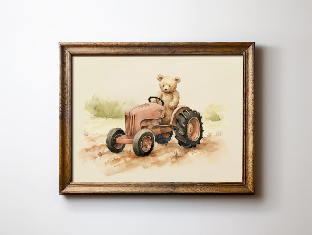 Teddy Bear Tractor Art Nursery Farm Decor Kids Room Red Tractor Print ...
