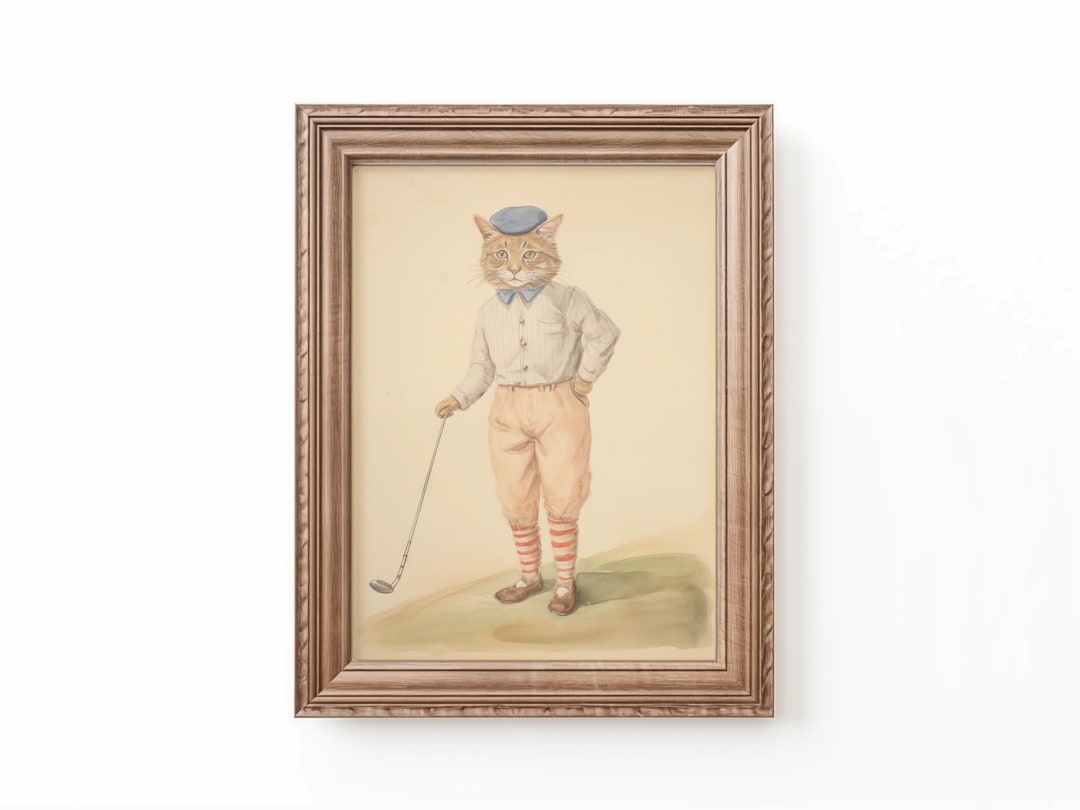 Cat Playing Golf Watercolor Print: Vintage Nursery Art (digital ...