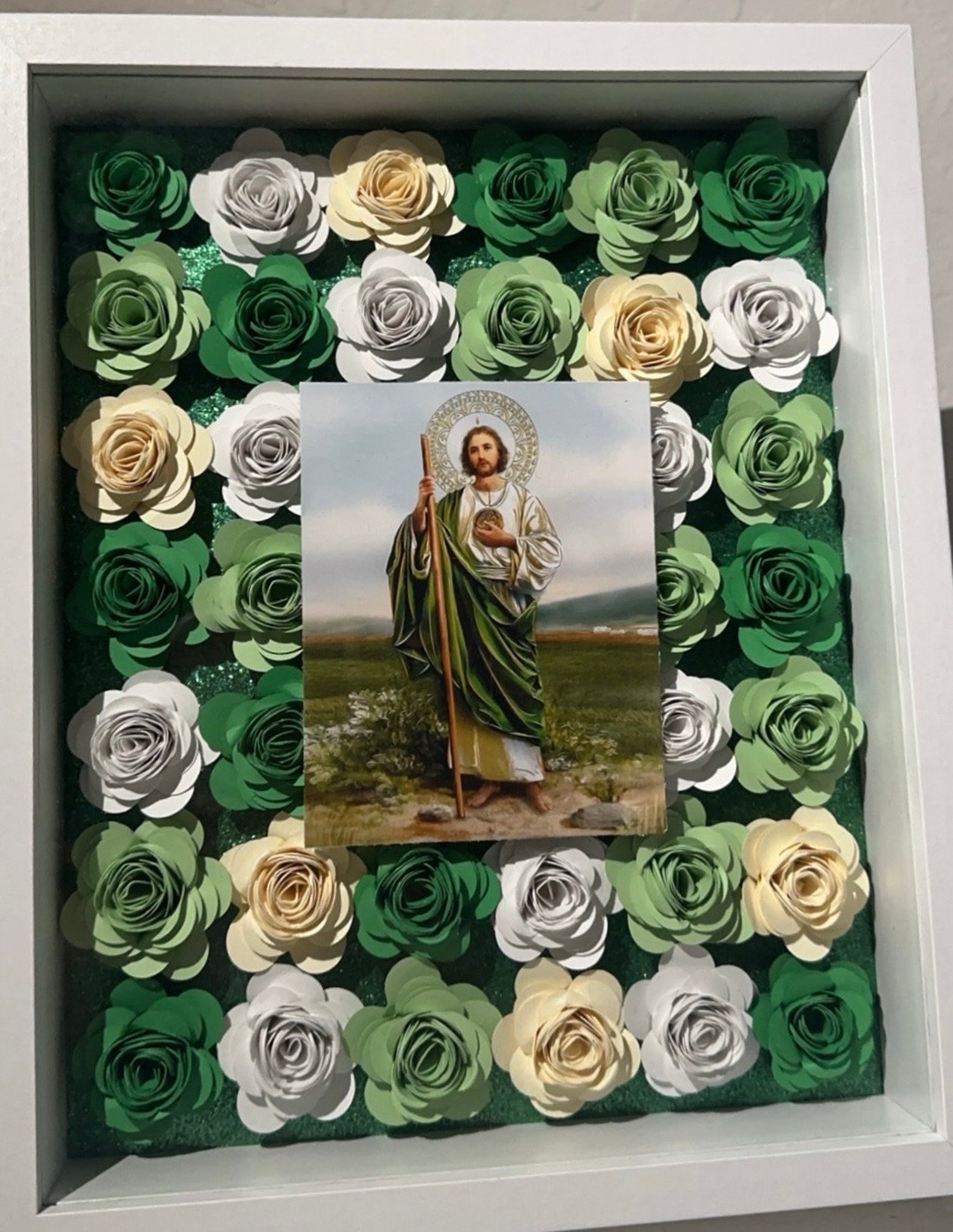 San Judas Tadeo Shadow Boxes, San Judas, Juditas, Paper Flowers, Rolled 3D Flowers, Green, 8x10 ...