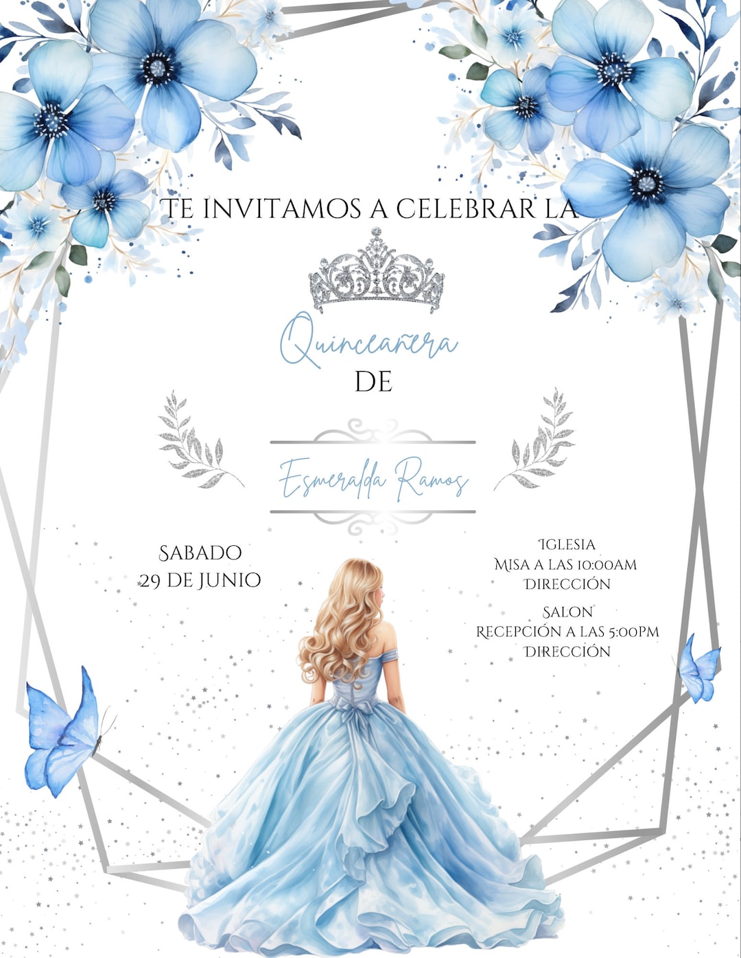 Quinceañera Invitación, Quince, XV, Azul, Digital, Editable Template ...