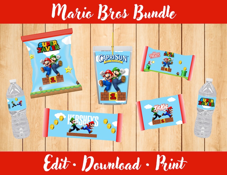 Mario Bros Party Favor Bundle, Digital File, Customized for Your Events ...