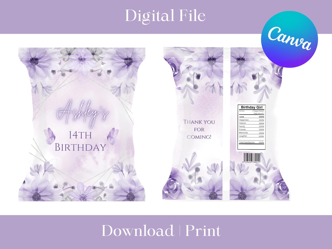 Purple Flowers Birthday Chip Bag Template (digital File) - Etsy