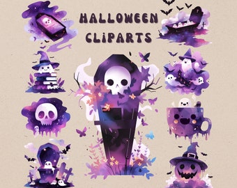 Watercolor Halloween Clipart Bundle, Halloween PNG, Witch PNG, Spooky ...