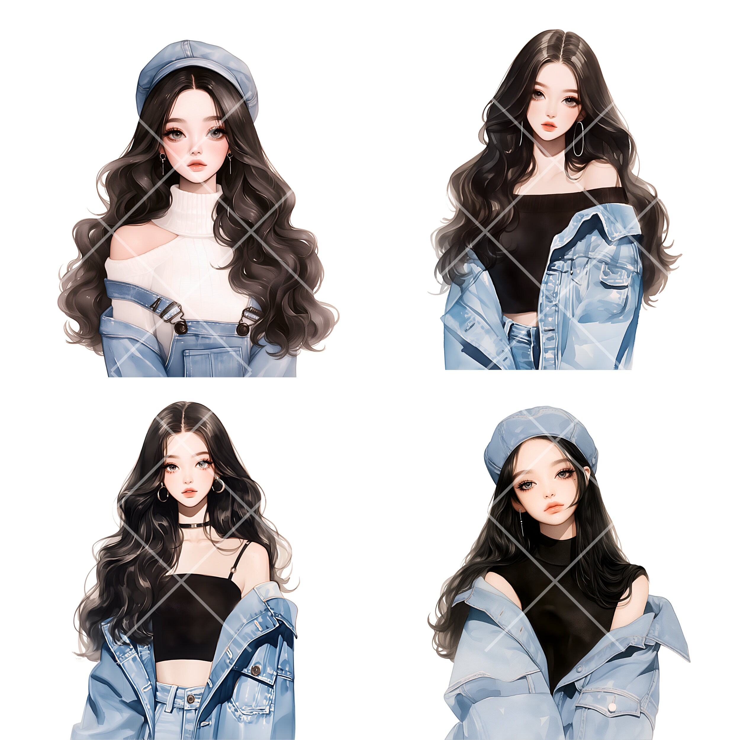 Watercolor Denim Girls Clipart Bundle, Girl in Denim Clipart, Fashion ...