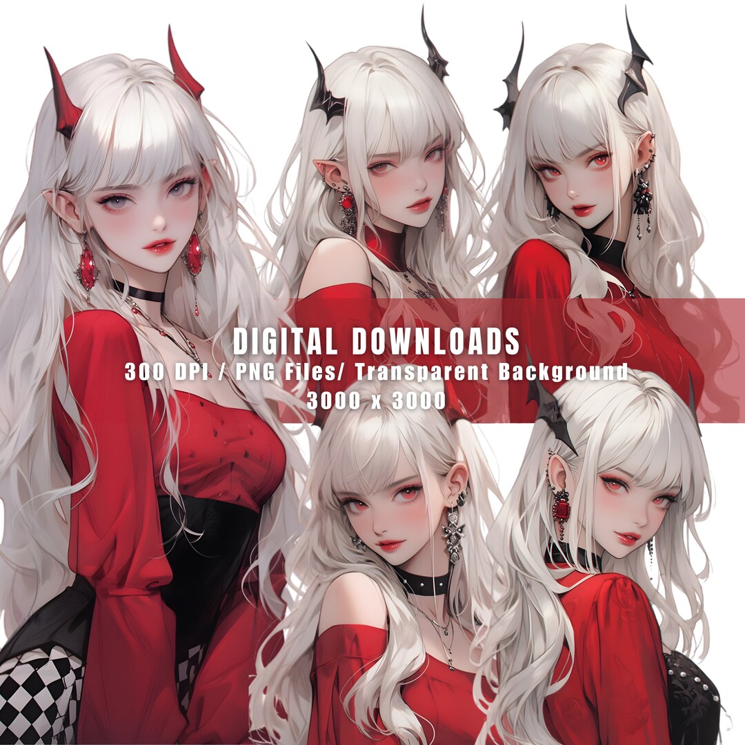 White Haired Lady Fiend Clipart Bundle, Pretty Girl Clipart, Mystical ...