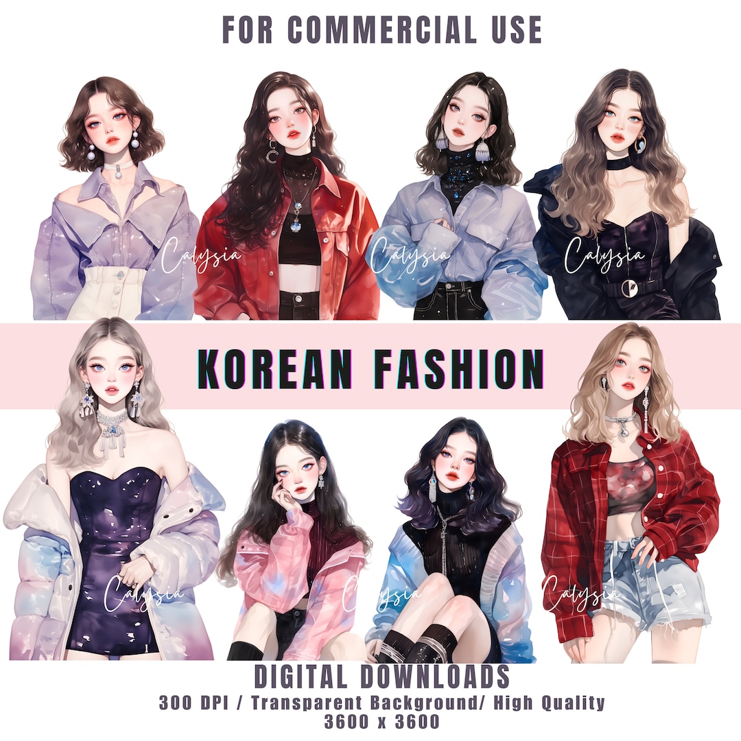 Watercolor Korean Fashion Lover Clipart Bundle, Korean Girl, Kpop ...