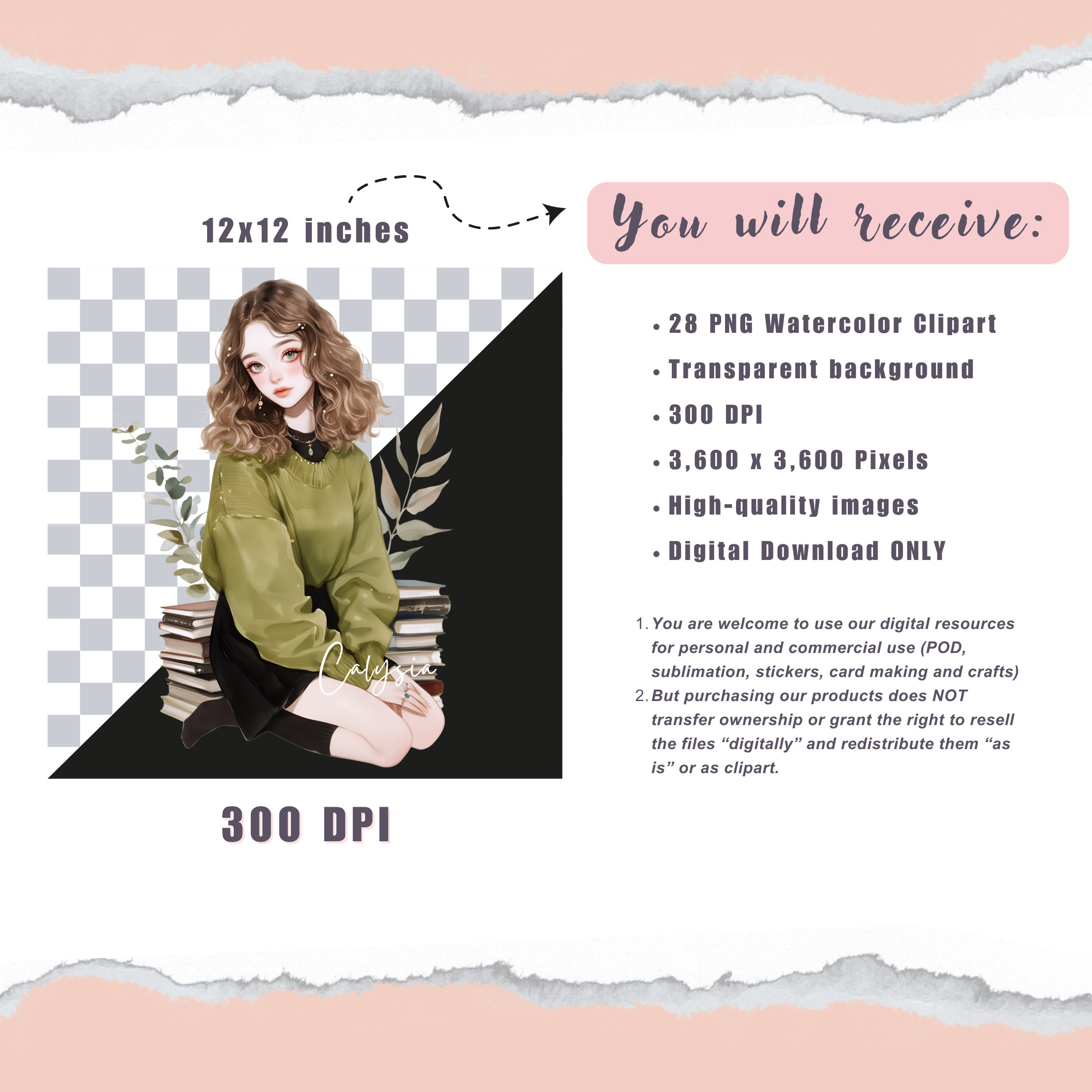 Watercolor Book Lover Girl in Green Clipart Bundle, Cute Girl Clipart ...