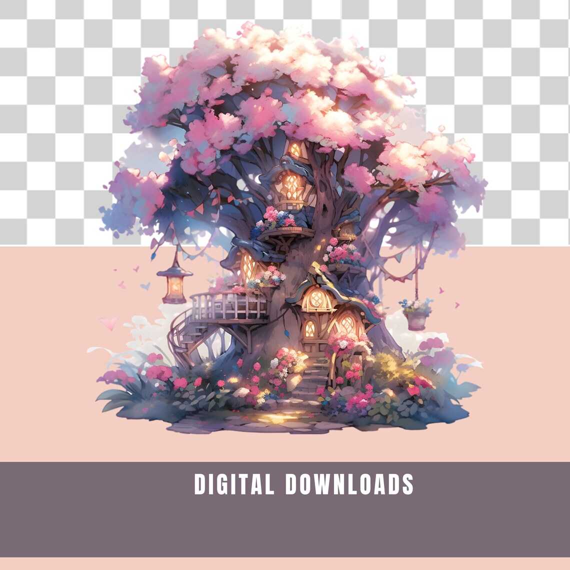 Watercolor Fairy Tree House PNG Clipart Bundle, Fantasy Clipart ...
