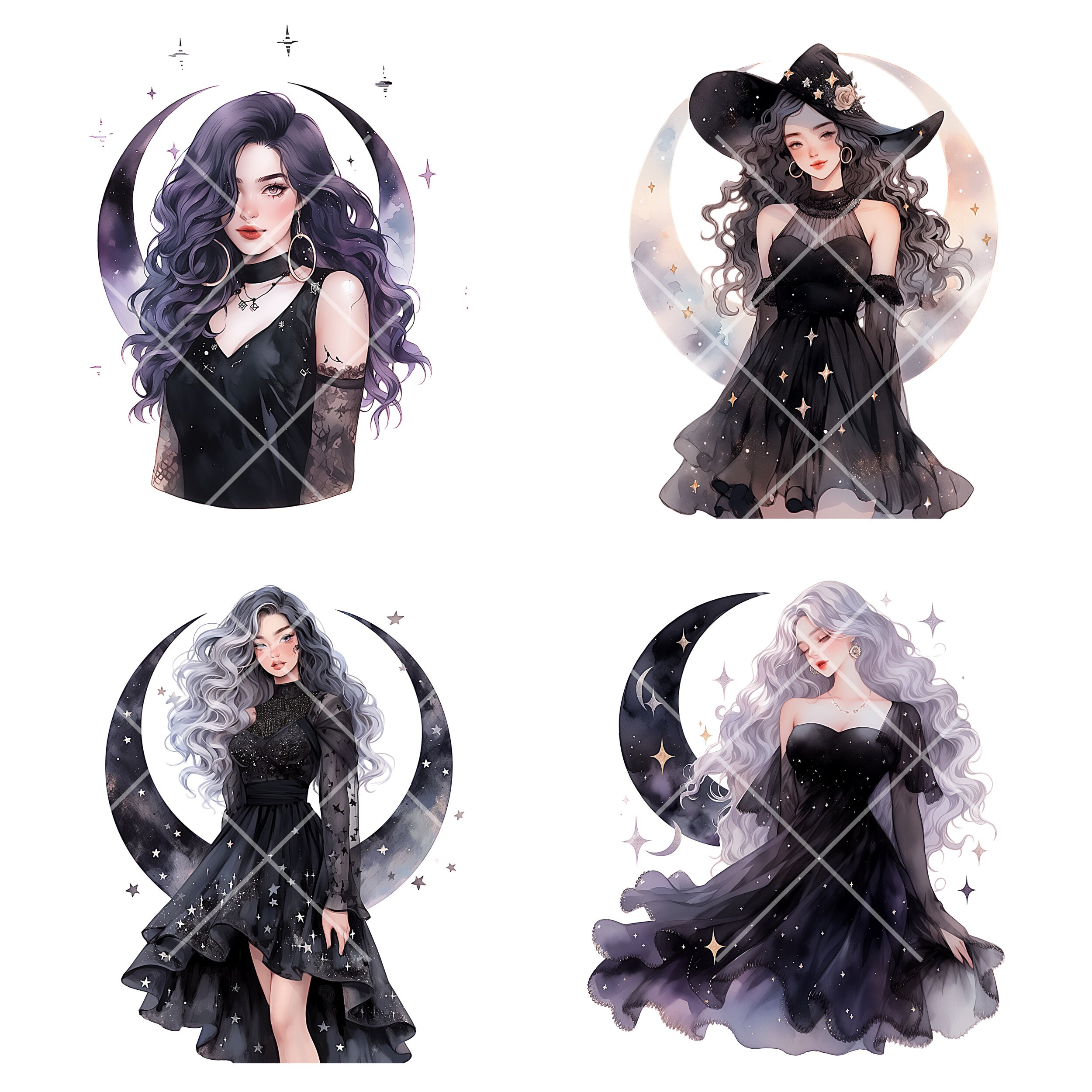 Celestial Goddess Clipart Bundle, Half Moon Girl Clipart, Night Galaxy ...