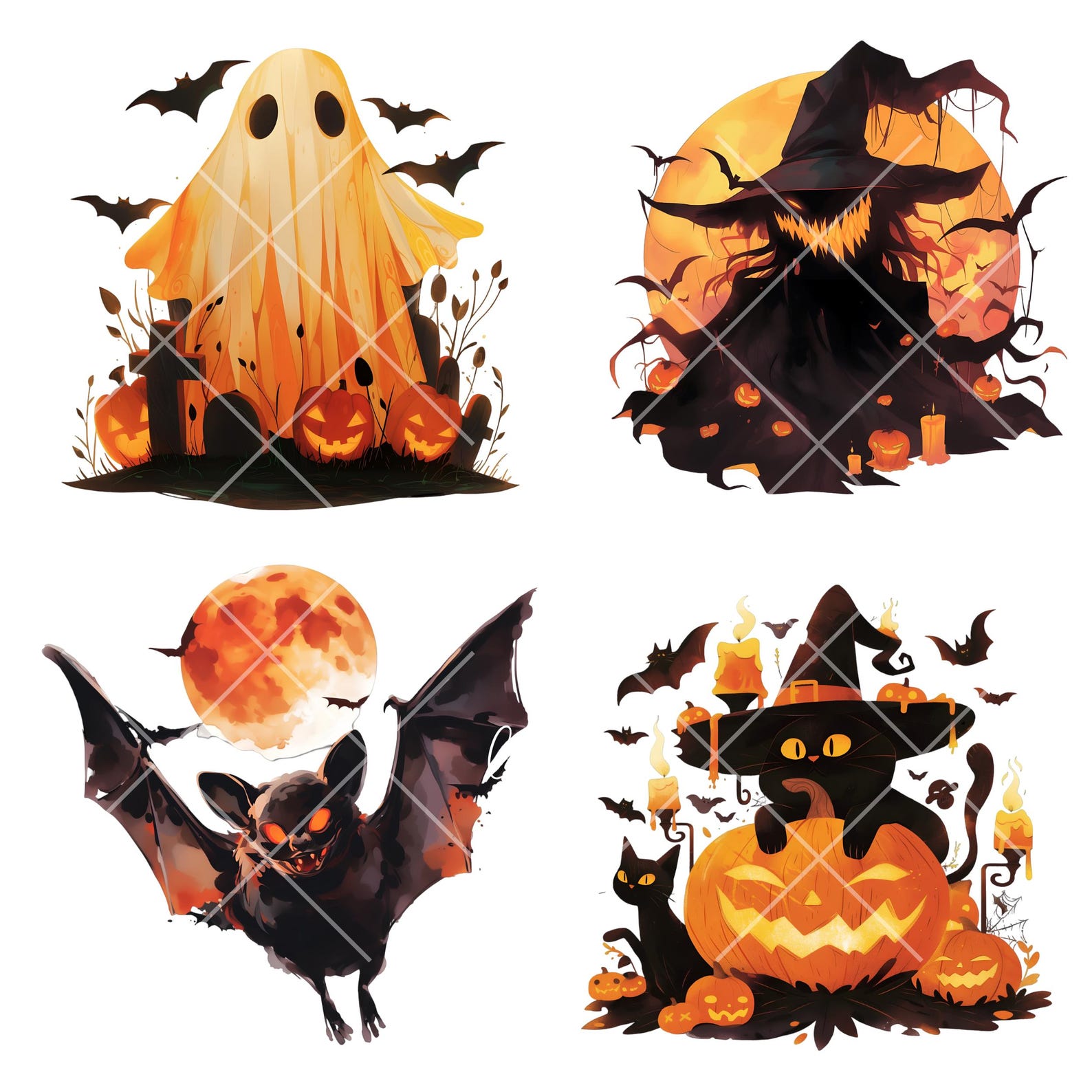 Watercolor Halloween Clipart Bundle, Halloween PNG, Witch PNG, Spooky ...