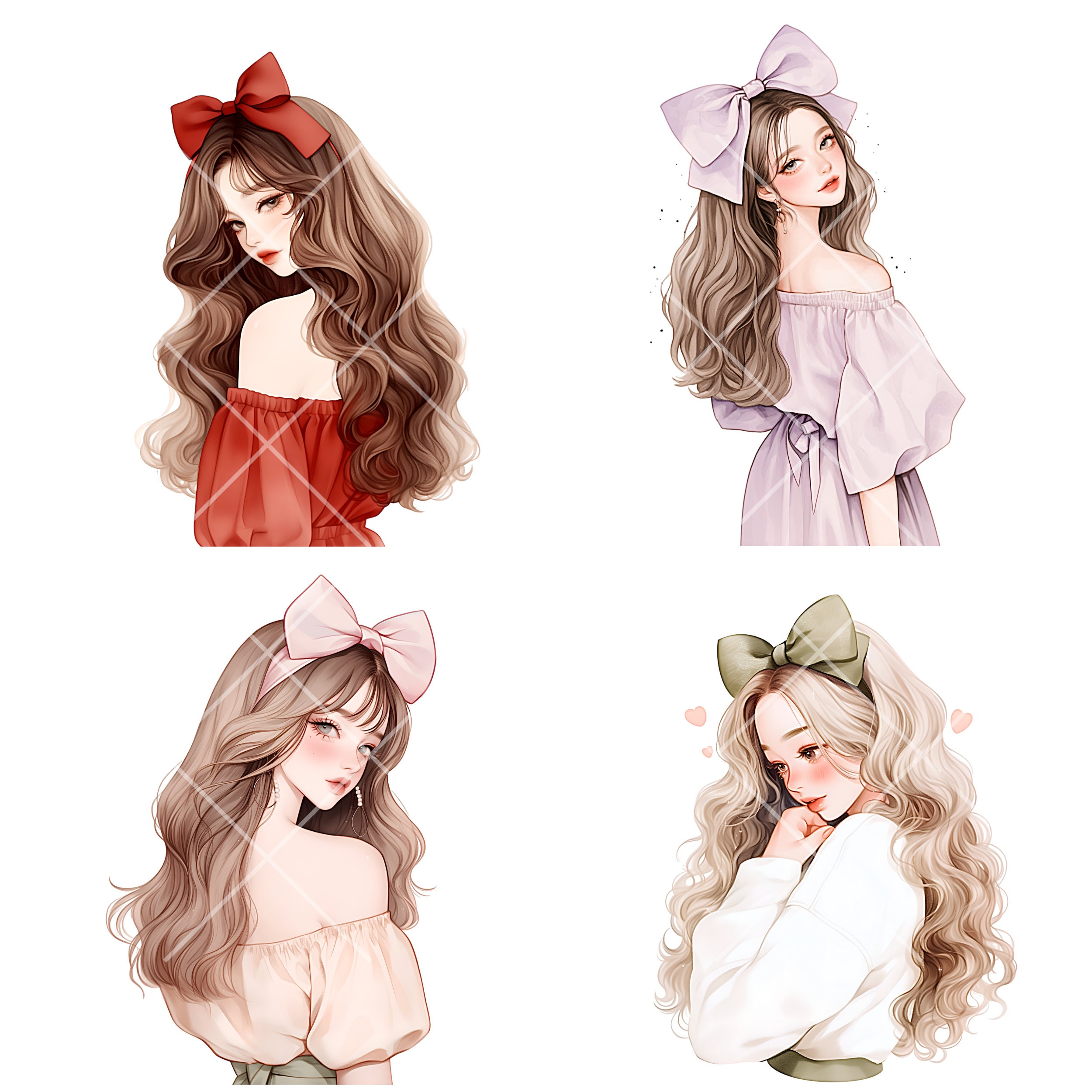 Watercolor Girl With Bow Clipart Bundle, Hair Ribbon Bow PNG, Pretty ...