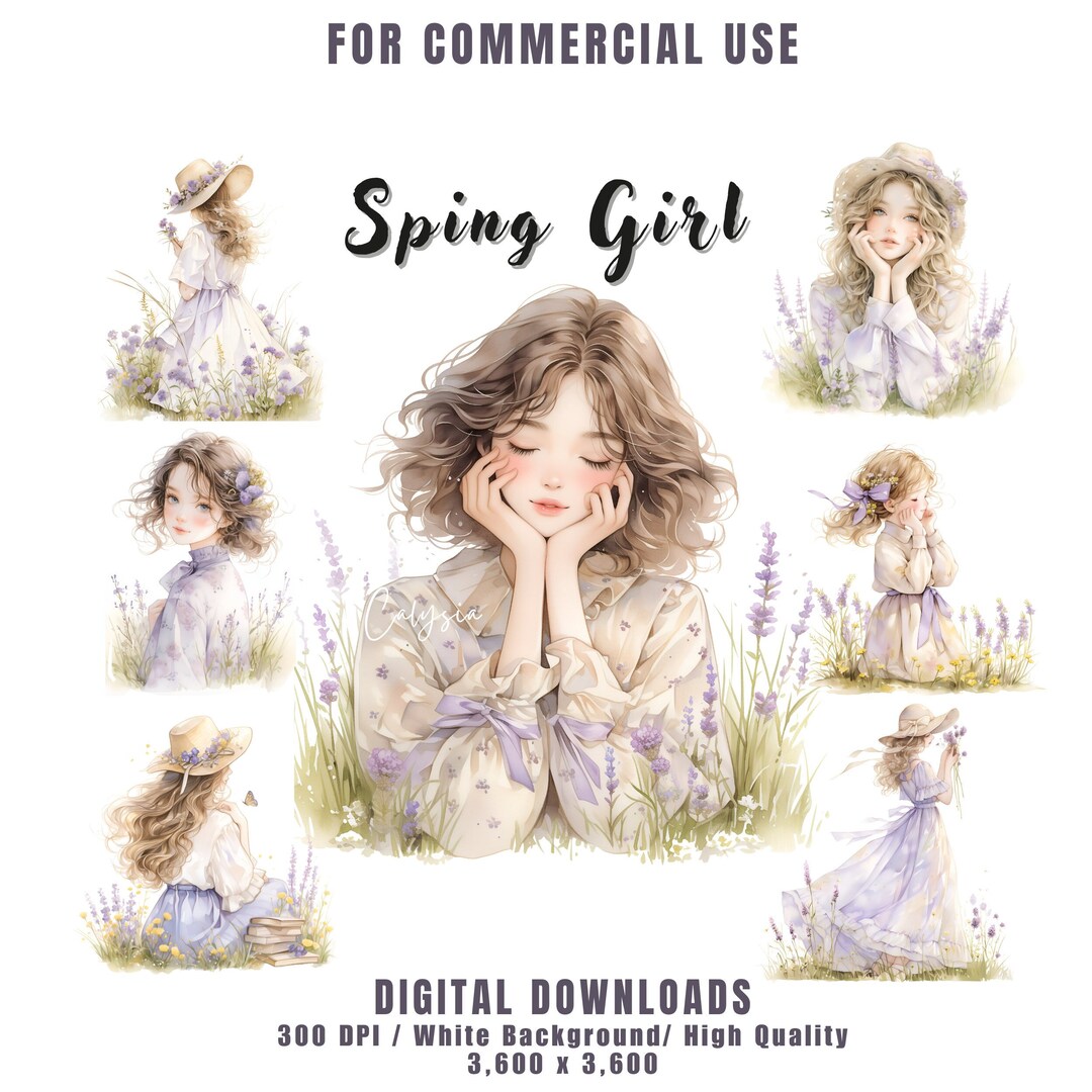 Watercolor Spring Girl Clipart Bundle, Spring Field Clipart, Summer ...