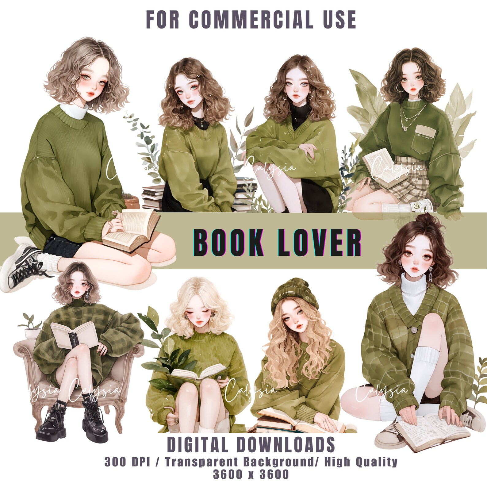 Watercolor Book Lover Girl in Green Clipart Bundle, Cute Girl Clipart ...