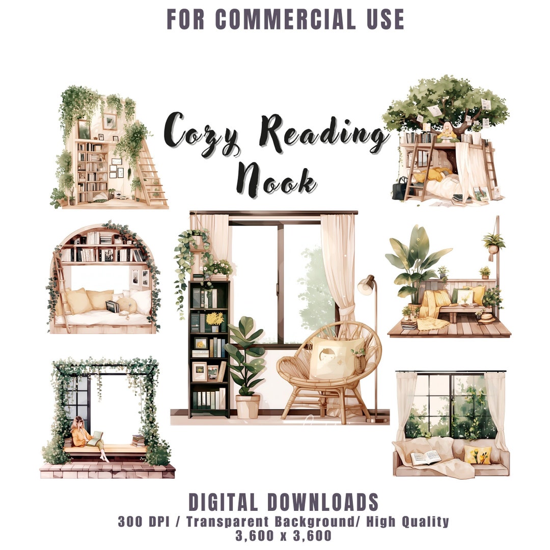 Watercolor Cozy Reading Nook Clipart Bundle, Porch Reading Corner PNG ...