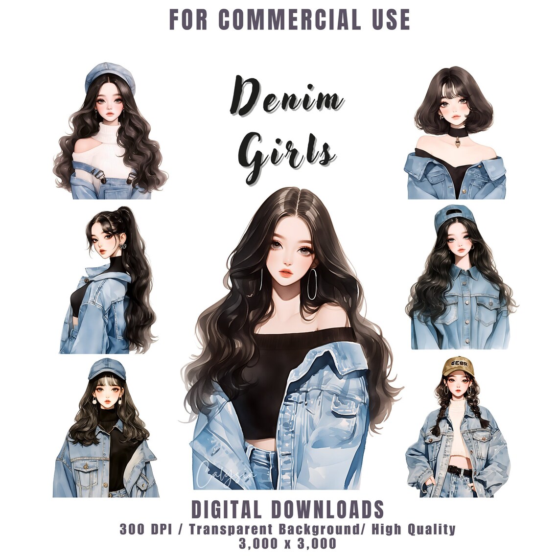 Watercolor Denim Girls Clipart Bundle, Girl in Denim Clipart, Fashion ...