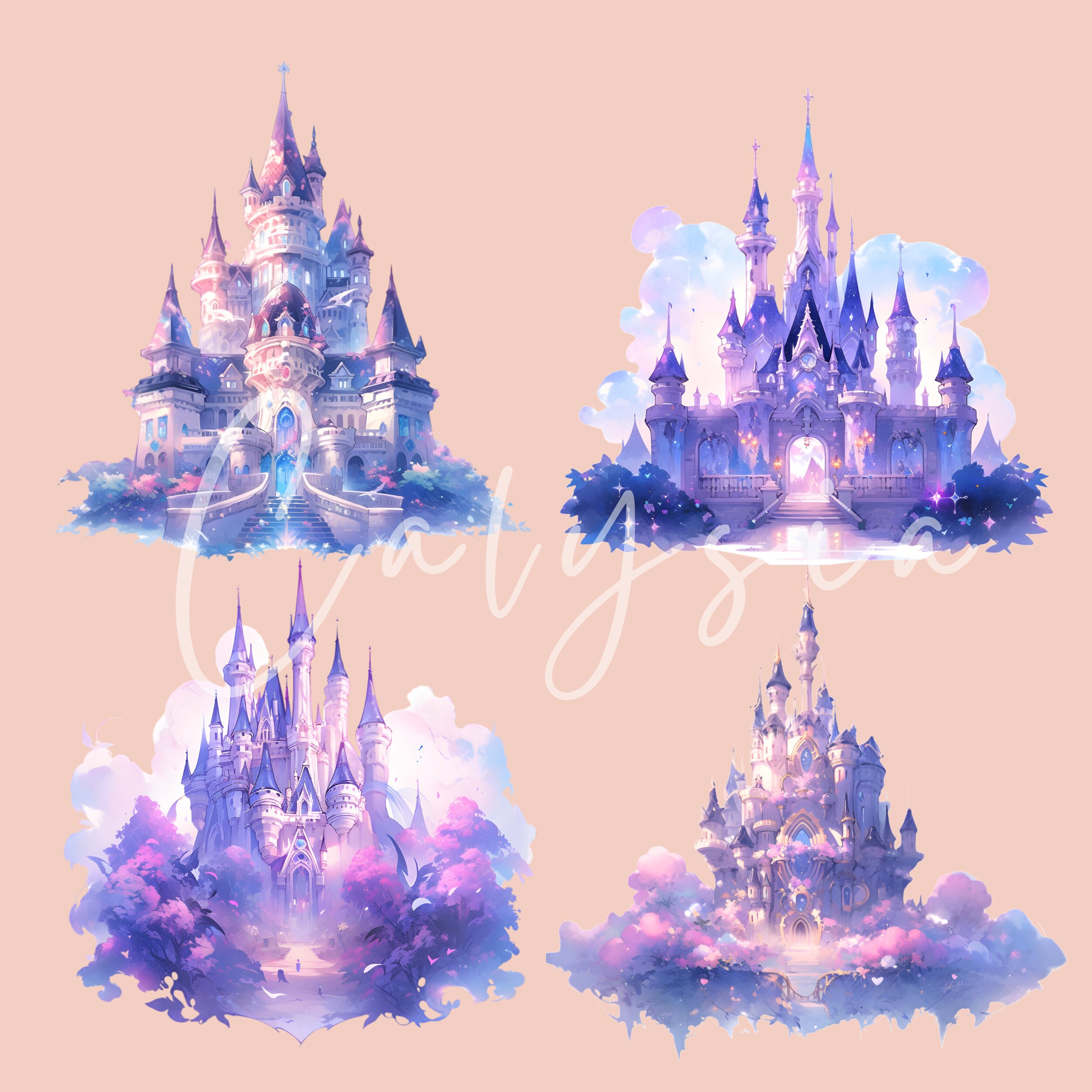 Watercolor Magical Castle Clipart Bundle, Transparent Background ...
