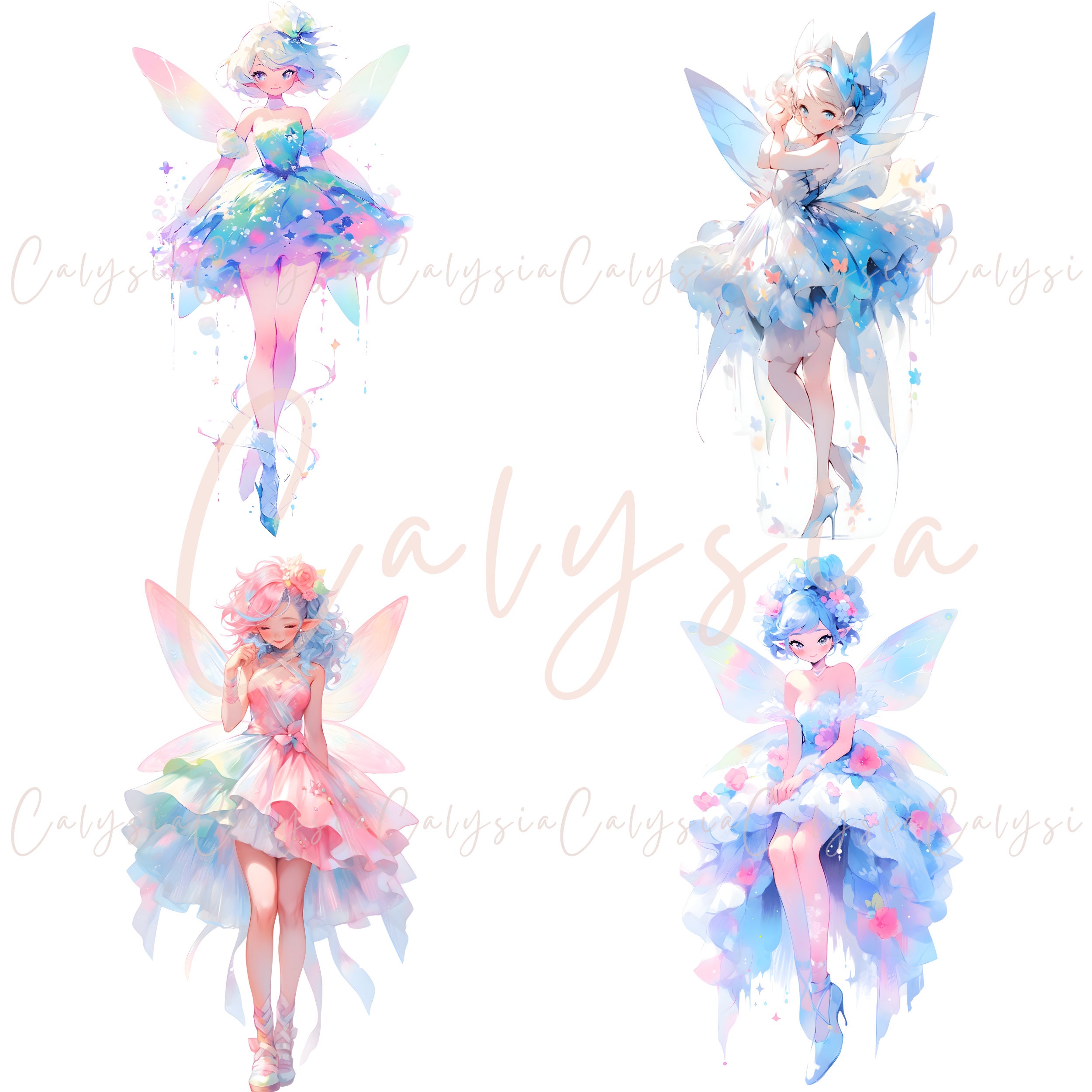 Watercolor Cute Pixie PNG Clipart Bundle, Fairy PNG White Background ...