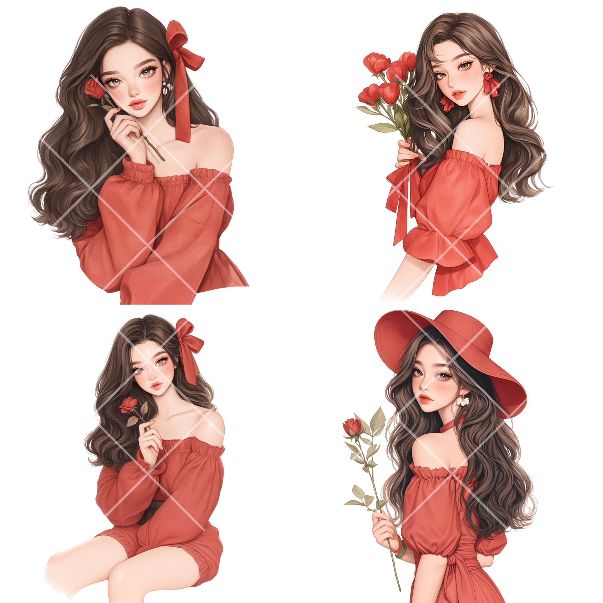 Red Roses Girl Clipart: Watercolor Flower PNG (digital Download) - Etsy
