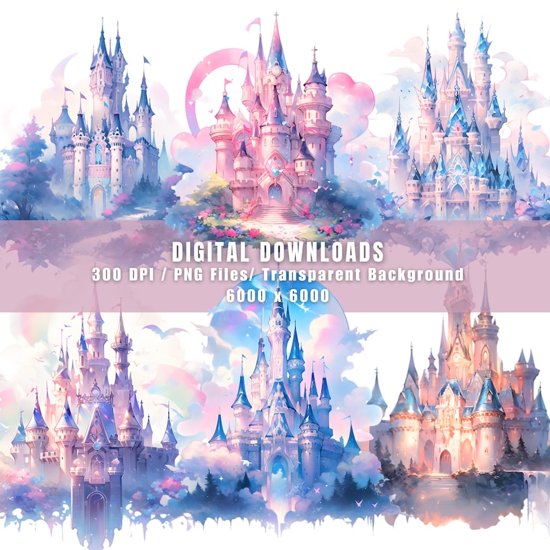 Watercolor Magical Castle Clipart Bundle, Transparent Background ...