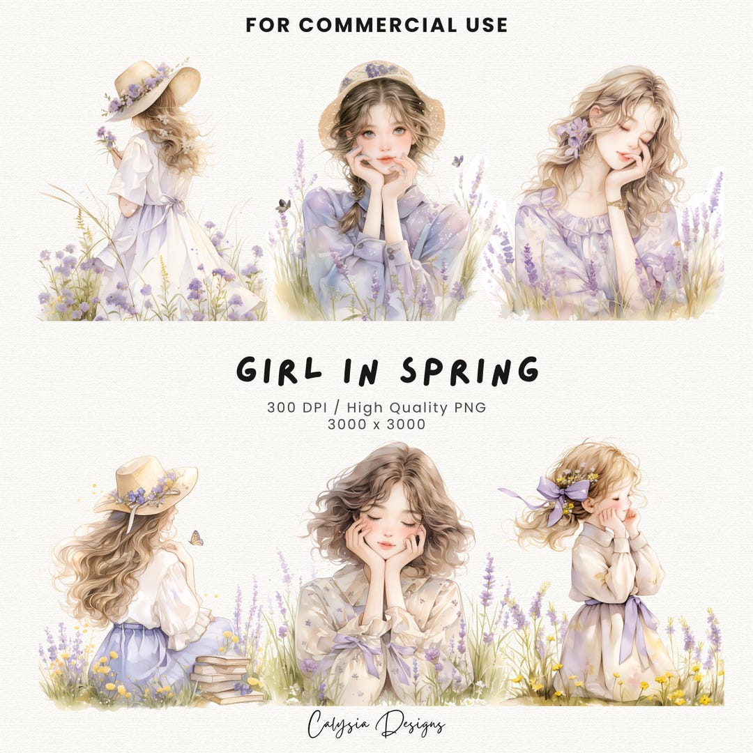Watercolor Spring Girl Clipart Bundle: Commercial Use (digital Prints ...