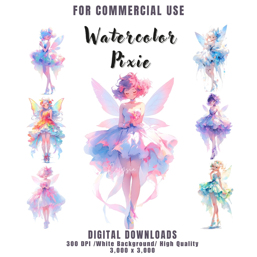 Watercolor Cute Pixie PNG Clipart Bundle, Fairy PNG White Background ...