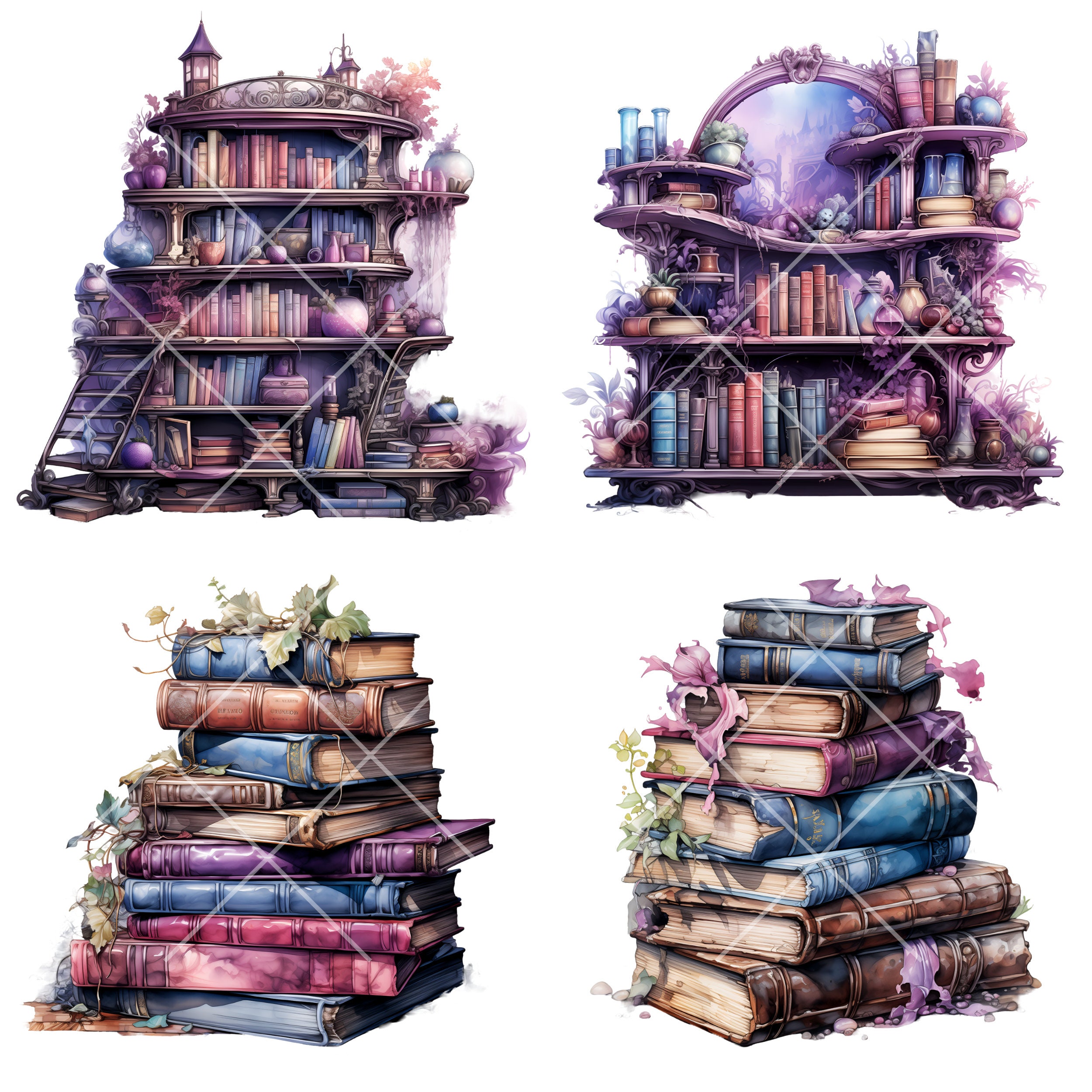Watercolor Magical Bookshelves Clipart: Vintage Witchcraft PNG ...