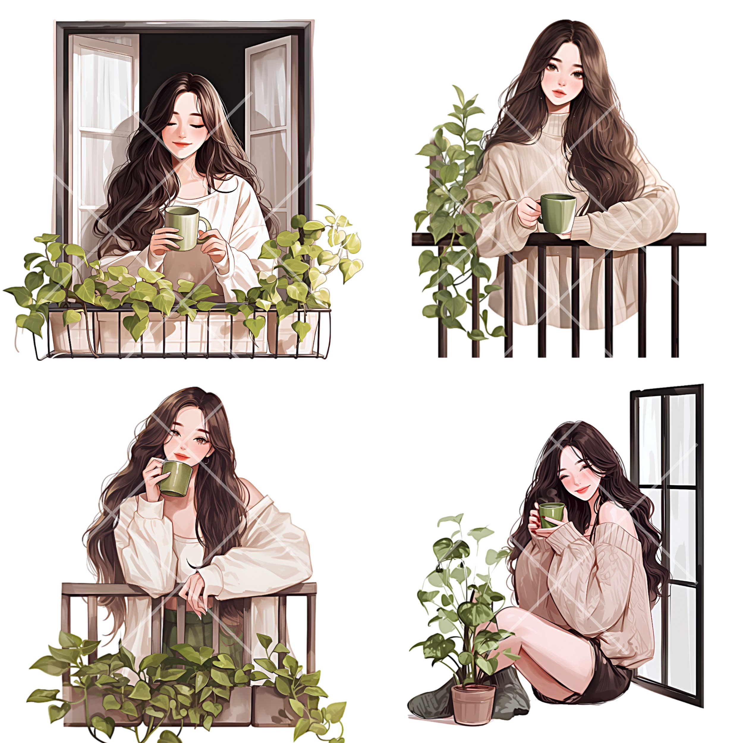 Green Tea Lover Clipart Bundle, Pretty Girl Clip Art, Cozy Clipart ...