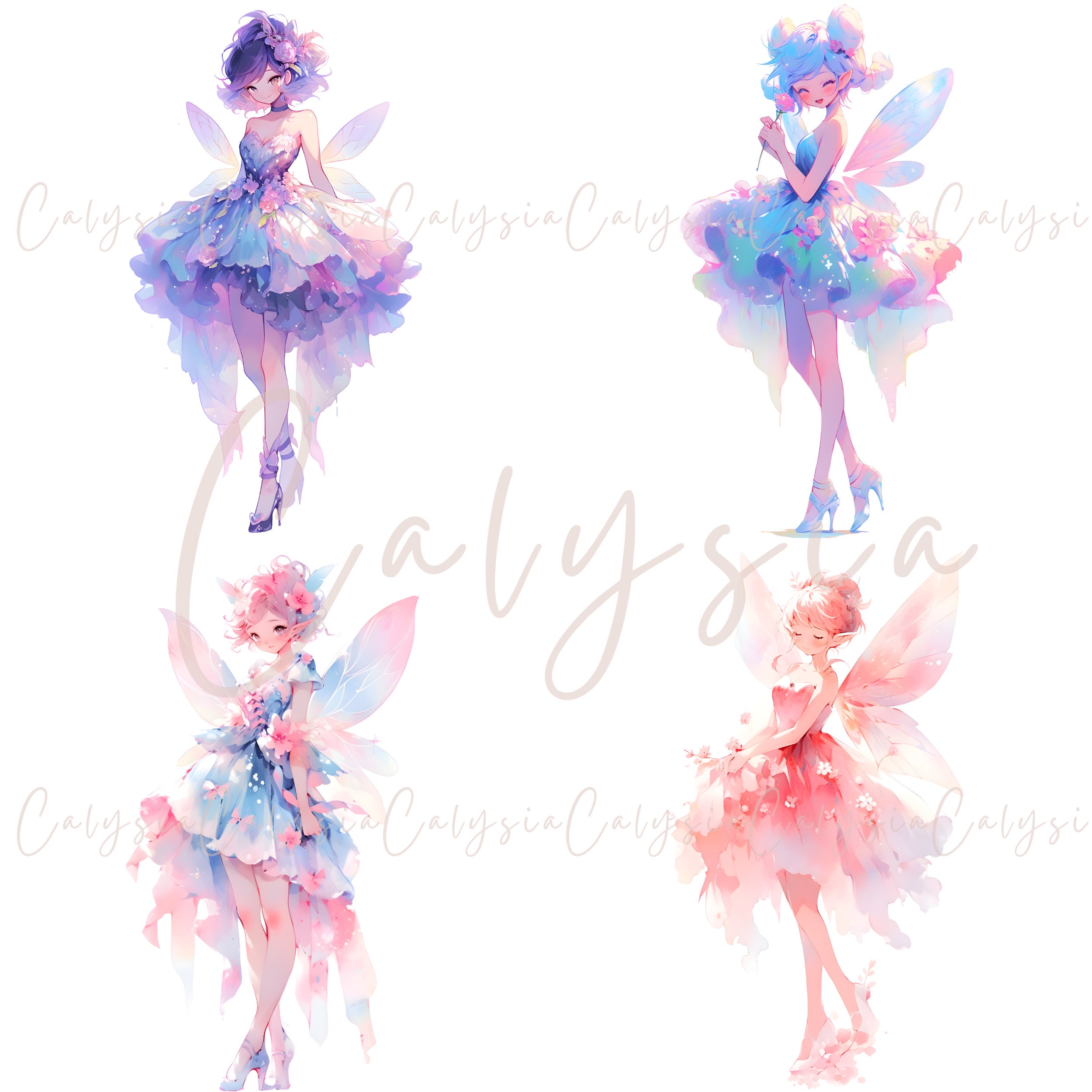 Watercolor Cute Pixie PNG Clipart Bundle, Fairy PNG White Background ...
