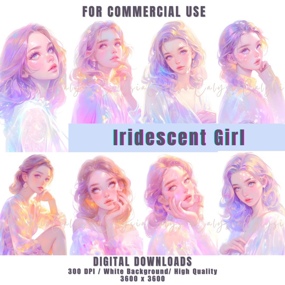 Iridescent Girl Portrait Clipart Bundle: Fashion Illustration (digital ...