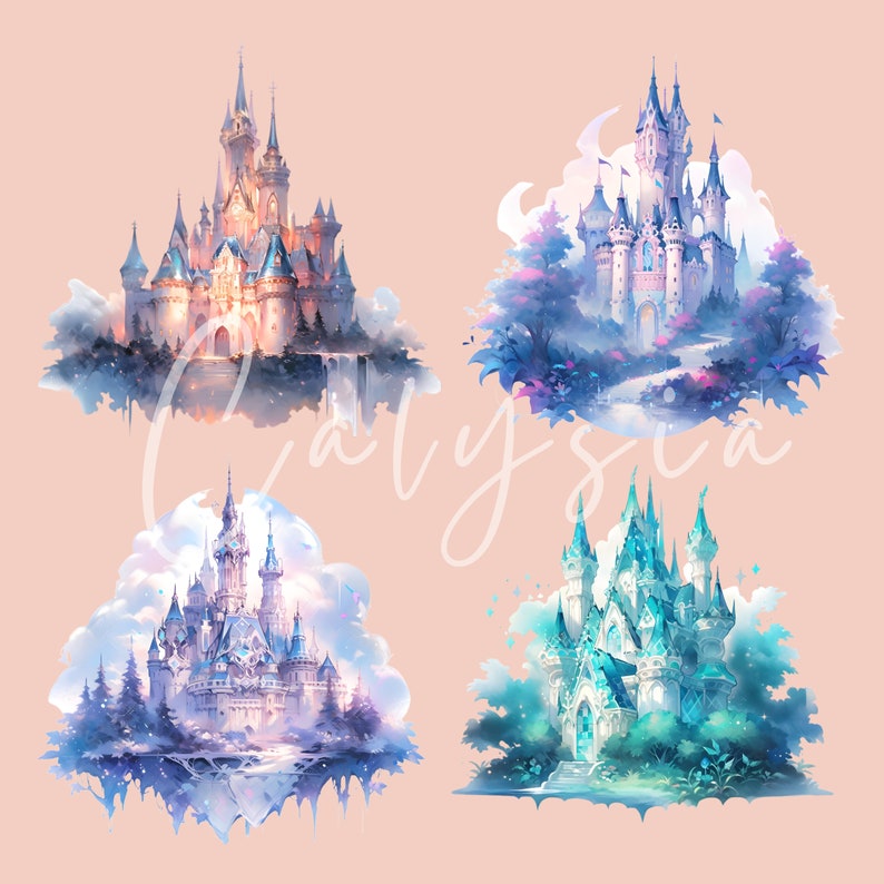 Watercolor Magical Castle Clipart Bundle, Transparent Background ...