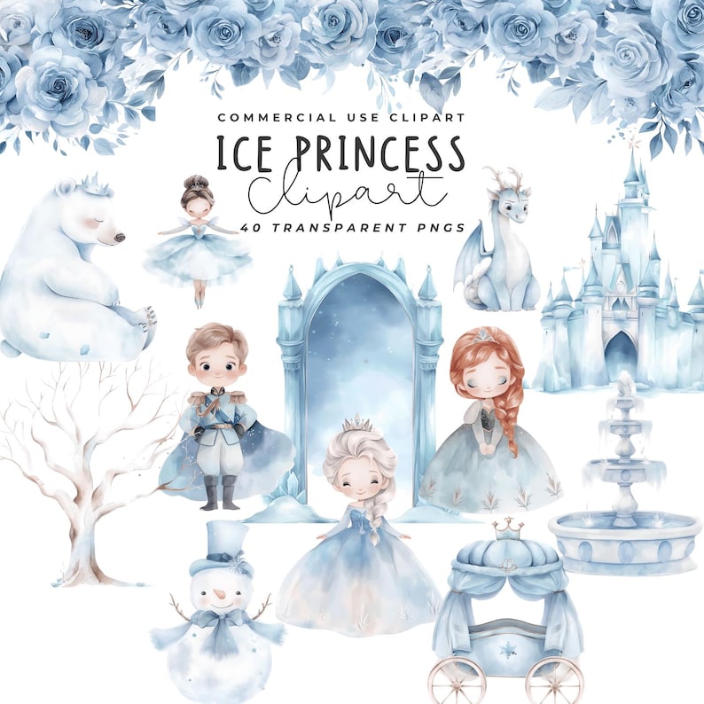 Ice Princess Clipart: Winterland Castle, Snowman, Nursery Decor (PNG ...
