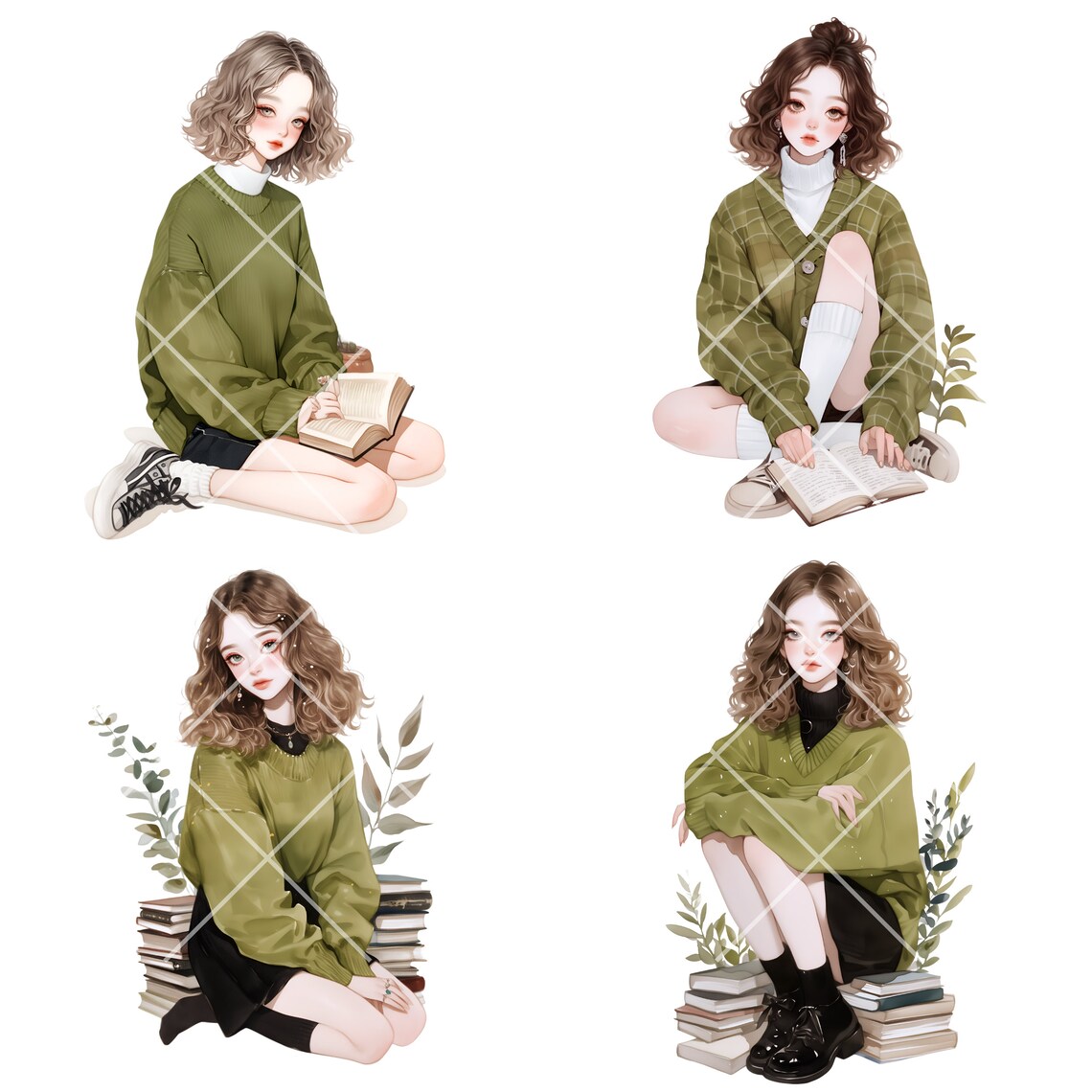 Watercolor Book Lover Girl in Green Clipart Bundle, Cute Girl Clipart ...